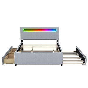 FEELHOME Queen Size Upholstered Platform Bed with 2 Storage Drawers and Twin Trundle, LED Lights and USB Charging, Linen Queen Bed Frame with Headboard and Wood Slat Support, Gray