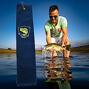 Bass Crest Embroidered Grommeted Tri-Fold Fishing Towel, Personalized (Navy Blue)