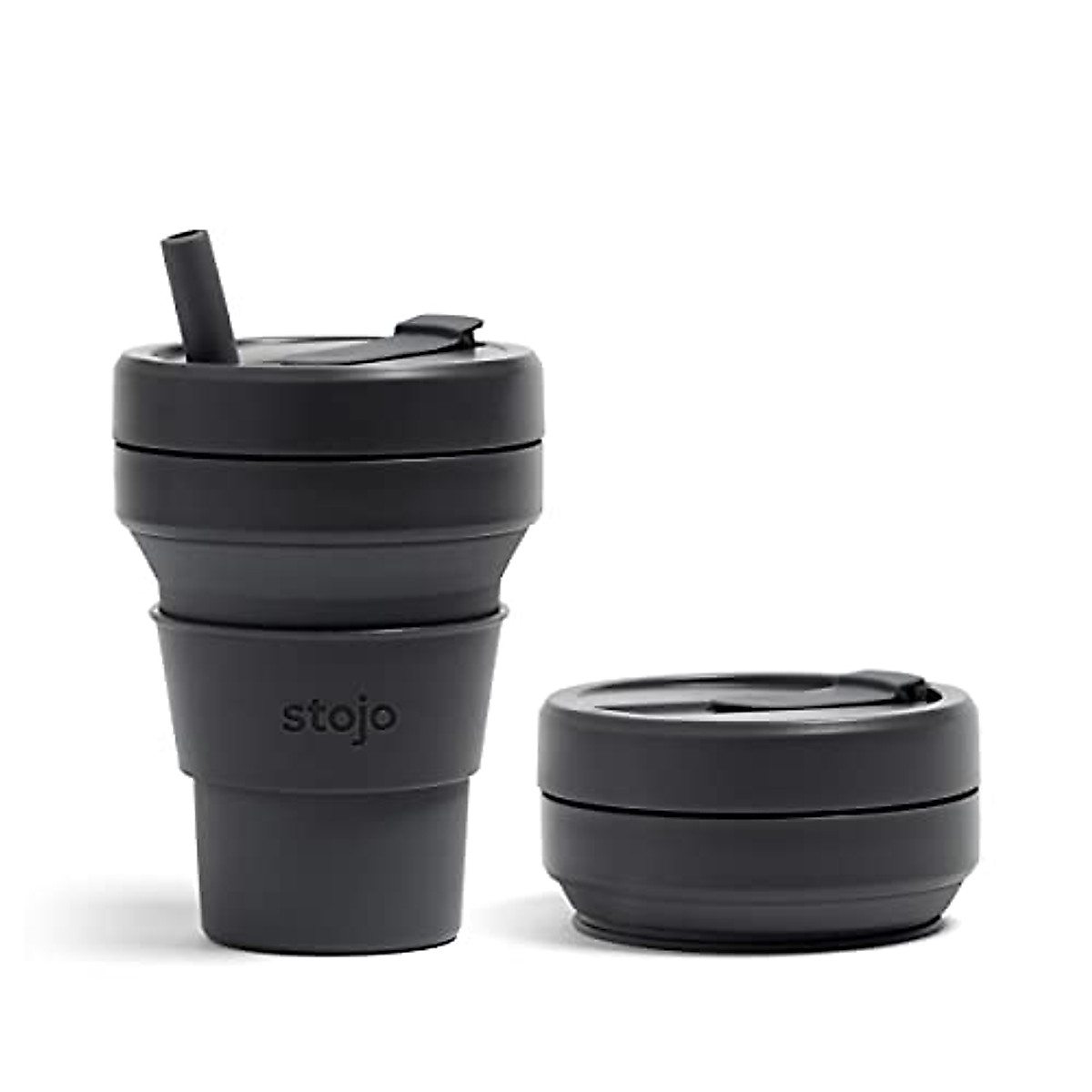 STOJO Collapsible Travel Cup With Straw - Carbon, 16oz / 470ml - Reusable To-Go Pocket Size Silicone Bottle for Hot and Cold Drinks - Perfect for Camping and Hiking - Microwave & Dishwasher Safe
