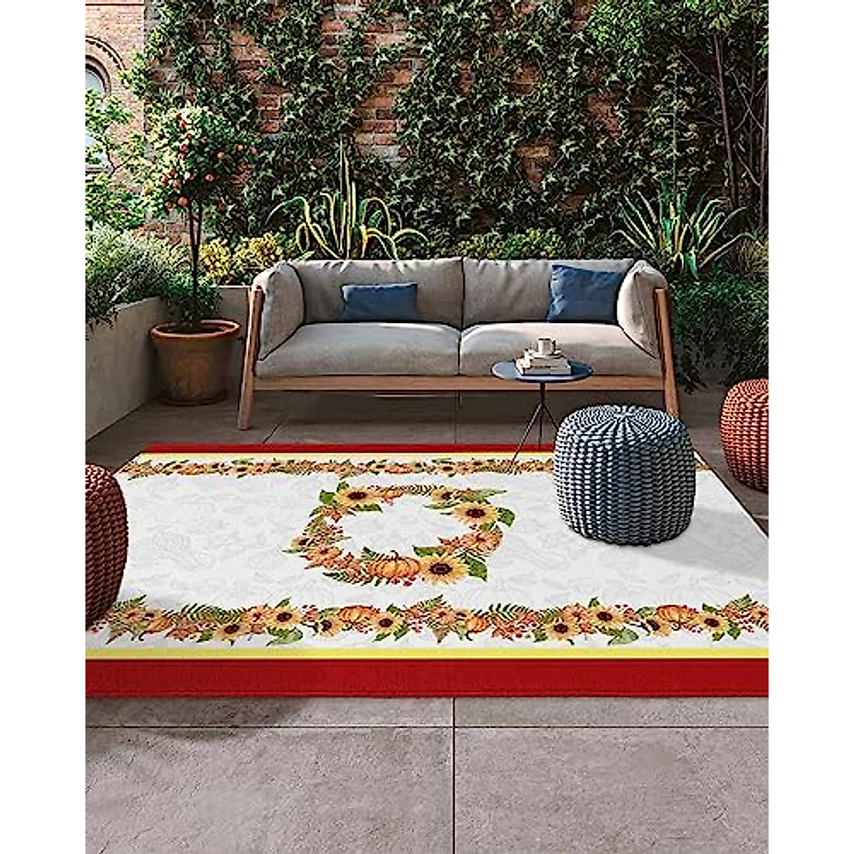 Fall Outdoor Patio Rugs Sunflower Pumpkin Maple Leaf Outdoor Area Rug Harvest Wreath Non-Slip Backyard/Camping RV Rug/Deck/Porch Rug Front Door Floor Mat Carpet,5x8ft,