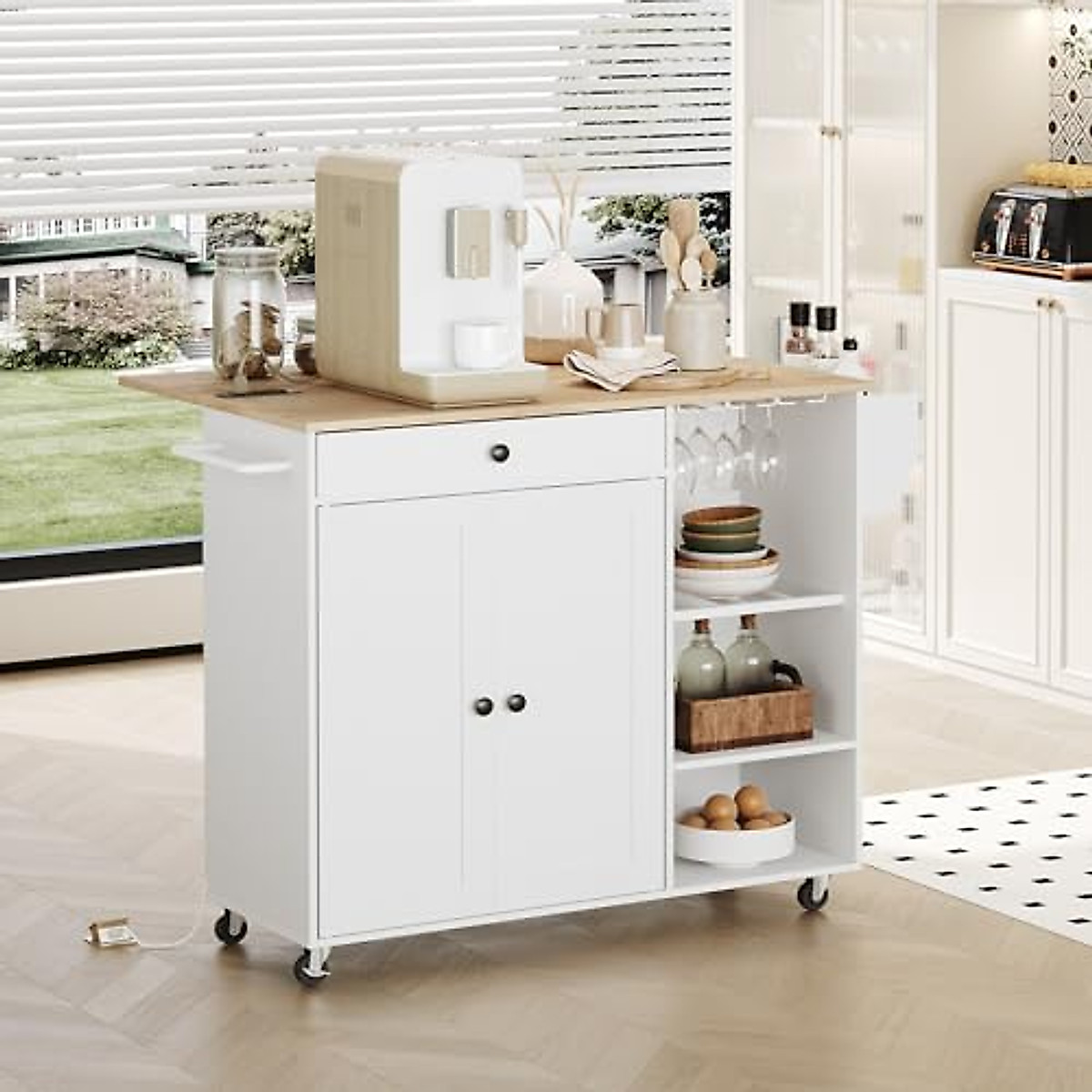 HOOBRO Kitchen Island with Storage, Rolling Kitchen Island with Folding Drop Leaf, Charging Station, Spice Rack, Drawer, Mobile Kitchen Island On Wheels, for Kitchen, White and Natural WN95UZD01