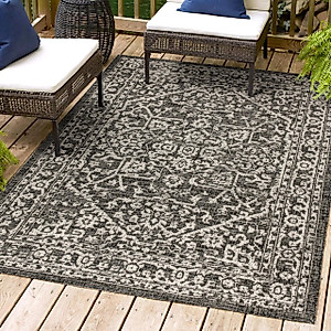 JONATHAN Y SMB104C-3 Malta Bohemian Medallion Textured Weave Indoor Outdoor Area -Rug, Coastal, Traditional, Transitional Easy -Cleaning,Bedroom,Kitchen,Backyard,Patio,Non Shedding, Black/Gray, 3 X 5