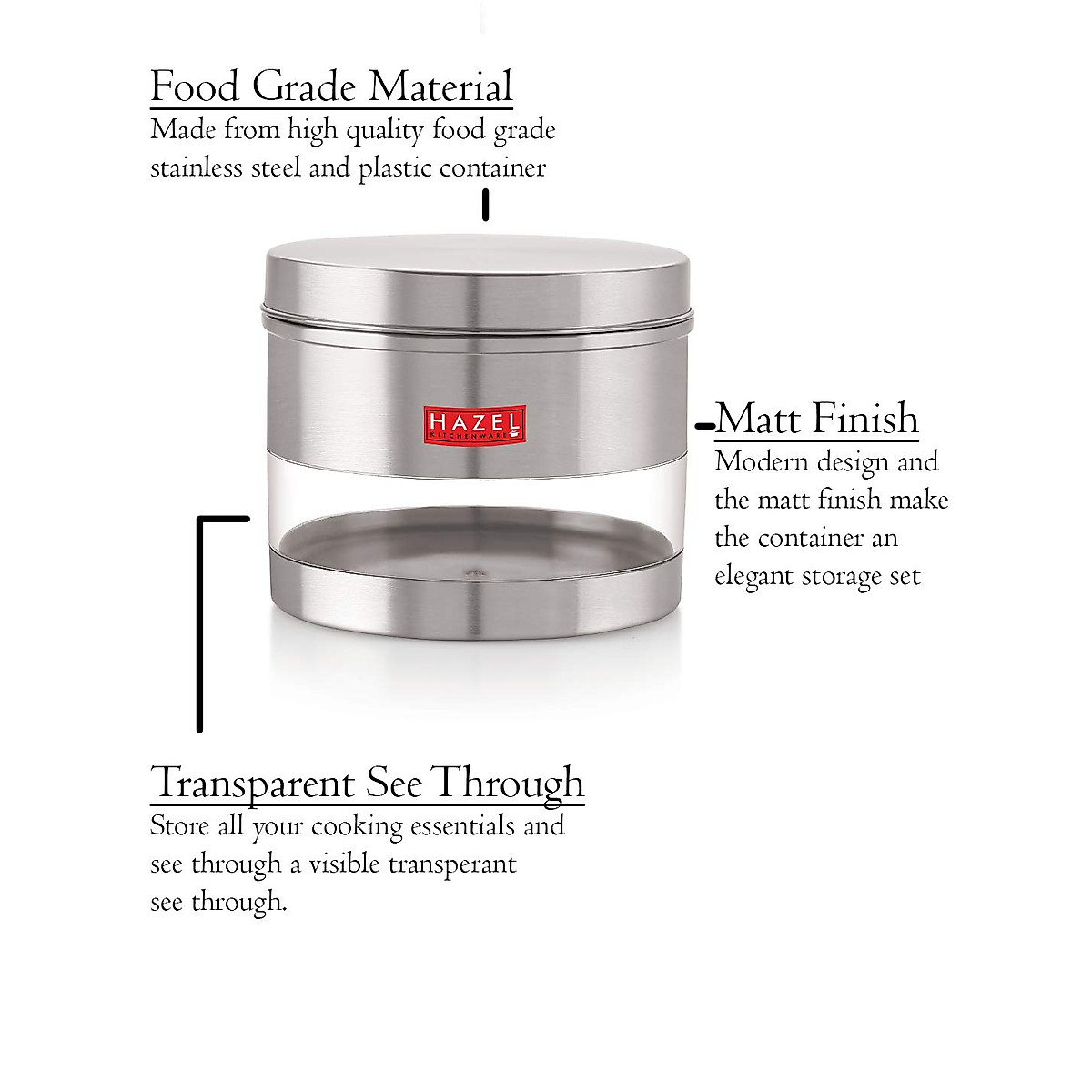 HAZEL Stainless Steel Containers Set For Kitchen Storage Transparent See Through Matt Finish Storage Dabba Jars, Set of 4, 1500 ML Each, Silver