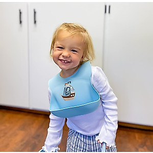 Beanie Kate Silicone Feeding Bib,Durable Pocket Adjustable Strap BPA Free Silicone Waterproof Easy Cleanup Comfortable for Babies & Toddlers (Pirate Ship),Blue,6 month2 years