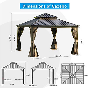 Evedy 12'x12' Hardtop Gazebo, Outdoor Aluminum Frame Canopy with Galvanized Steel Double Roof, Outdoor Permanent Metal Pavilion with Curtains and Netting for Patio, Backyard and Lawn