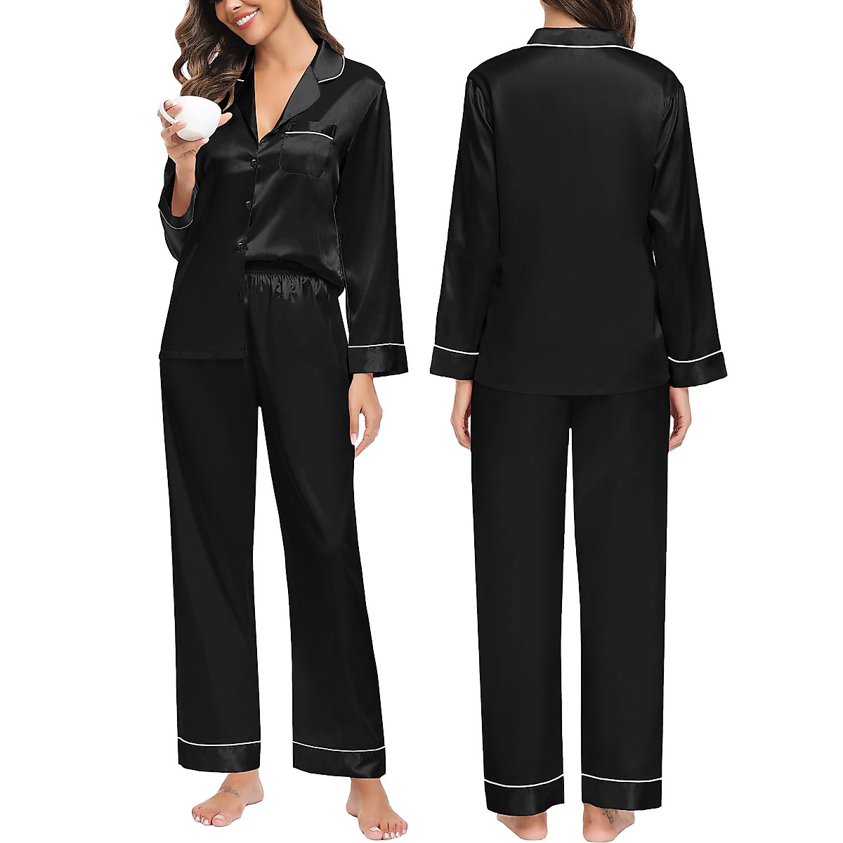 SWOMOG Couples Matching Pajamas Set Christmas Family Pajamas Long Sleeve Button Down Pj Set 2Pcs Festival Party Sleepwear Black