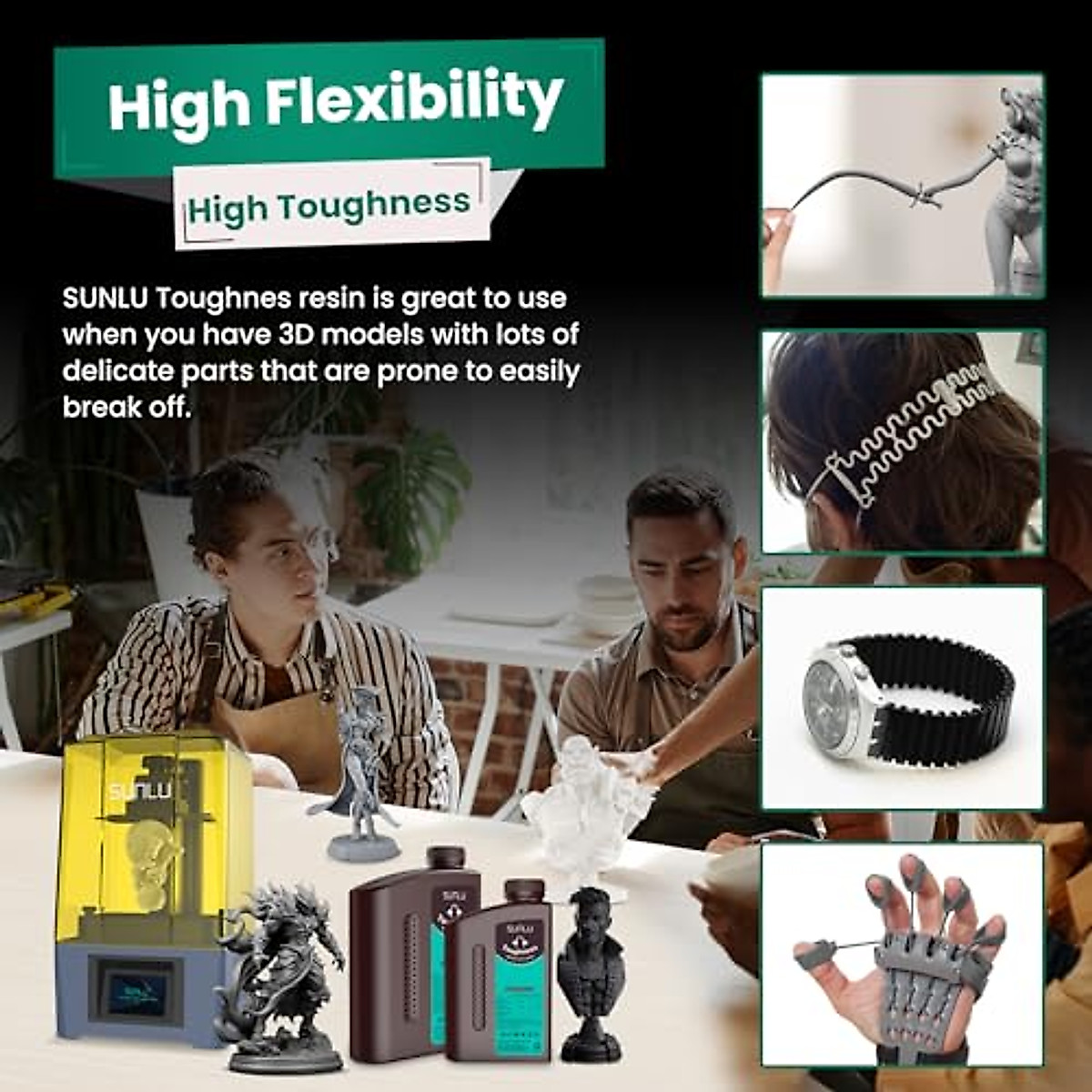 SUNLU High Tough 3D Printer Resin, Flexible Fast Curing 3D Resin for 2K 4K 8K LCD DLP SLA Resin 3D Printer, 405nm UV Curing 3D Printing Photopolymer Resin, 350J/m High Impact Resistant, 1KG, Grey