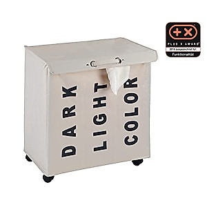 WENKO Trivo Laundry Sorter with 3 Sections (Dark, Light, Color), Laundry Basket on Wheels with Handle, Laundry Hamper with Lid, Beige, 30.6 gal, 22 x 23.6 x 13.8 in