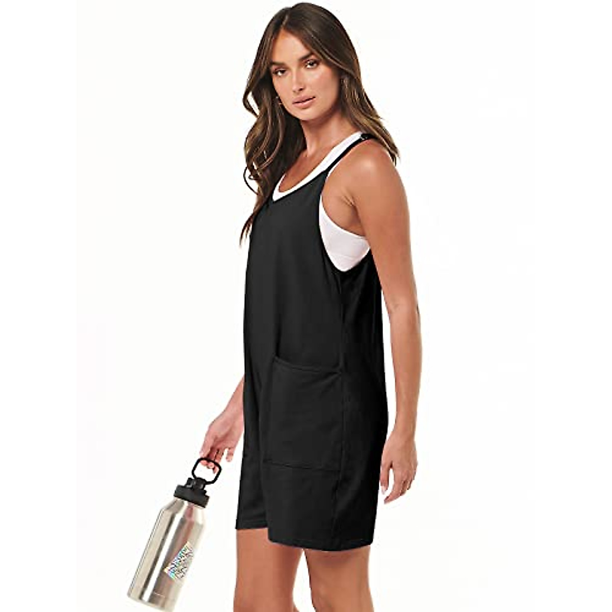 ANRABESS Rompers for Women Jumpsuits Casual Summer Outfits Shorts Overalls 2023 Fashion Comfy Clothes Sleeveless Jumpers with Pockets A948-heise-M