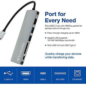 Verbatim 6-in-1 USB C Hub w/Dongle - USB Hub for Laptop w/ 2 USB 3.0, USB C, SD Card Reader, 4K HDMI, Ethernet, Compact & Portable USB-C Hub