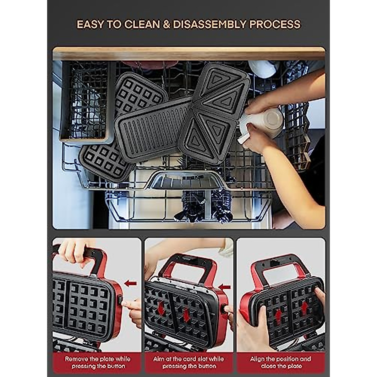 FOHERE Waffle Maker 3 in 1 Sandwich Maker 1200W Panini Press With Removable Plates and 5-gear Temperature Control, Non-stick Coating Easy to Clean,Indicator Lights, Red