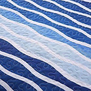 SLPR Blue Wave 2-Piece Quilt Set - Twin Size with 1 Sham, Coastal Beach House Bedding with Nautical Wave Design for Kids, Summer Ocean Waves Quilted Bedspread in Beachy Theme