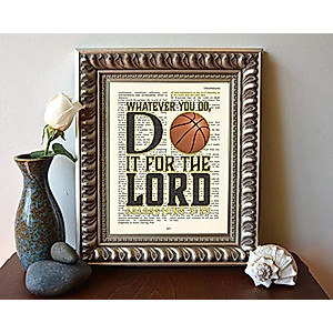 Basketball, Whatever You Do, Do It For the Lord, Colossians 3:23, Vintage Bible Verse Wall Christian Art Print, Unframed, Boys Room Poster, Christmas Gift, 8x10 Inches