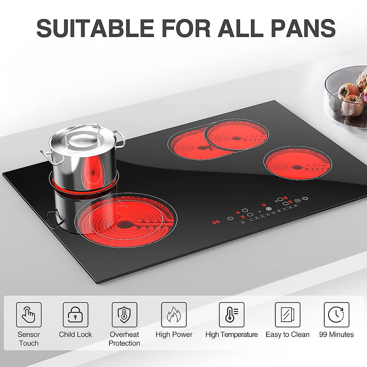 Electric Cooktop 30 Inch, 7200W Electric Stove Top with 4 Burners 220-240v, ANHANE Electric Ceramic Cooktop, 9 Heating Levels, Timer & Kid Safety Lock, Suitable for all Cookware, Without Plug