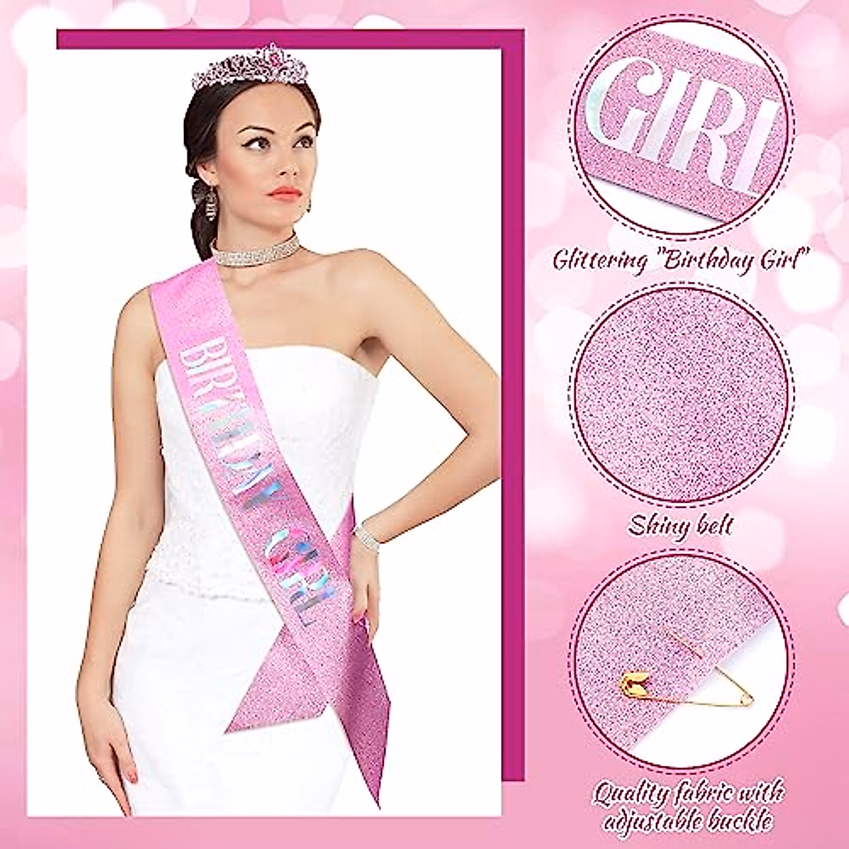 Birthday Girl Sash and Crown Set, Rhinestone Birthday Girl Headband Glitter Princess Birthday Sash And Crowns for Women Happy Birthday Tiara Accessories Favors (pink)