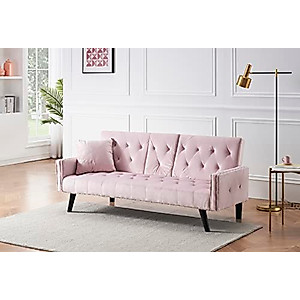 Modern Velvet Tufted Upholstered Futon Sofabed Living Room Loveseat Convertible Sleeper Couch Bed with Nailhead Decor and Drop-Down Cupholdes for Home Office Apartment