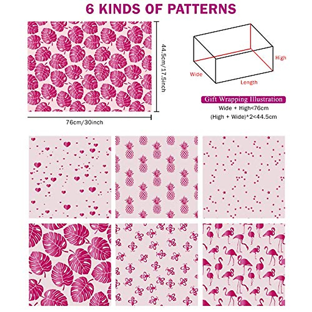 WRAPAHOLIC Wrapping Paper Sheet - Pink with Fuschia Foil Prints for Birthday, Holiday, Party, Baby Shower - 1 Roll Contains 6 Sheets - 17.5 inch X 30 inch Per Sheet