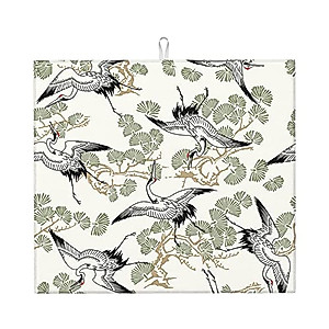 Japanese Crane & Pine Printed Drying Mat For Kitchen Ultra Absorbent Microfiber Dishes Drainer Mats Non-Slip Silicone Quick Dry Pad - 18 X 16inch