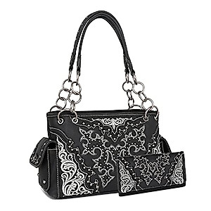 Montana West Boot Scroll Embroidered Collection Satchel for Women Western Shoulder Handbag with Wallet Set MW1110G-8085BK+W