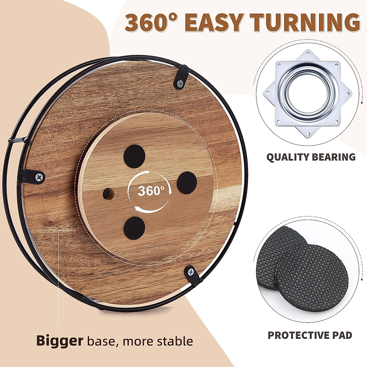 9" Acacia Wood Lazy Susan Turntable, Tomoaza Kitchen Organizer Turntable with Steel Sides, 360 Degree Turntable for Countertop Cabinet or Dining Table(Black)