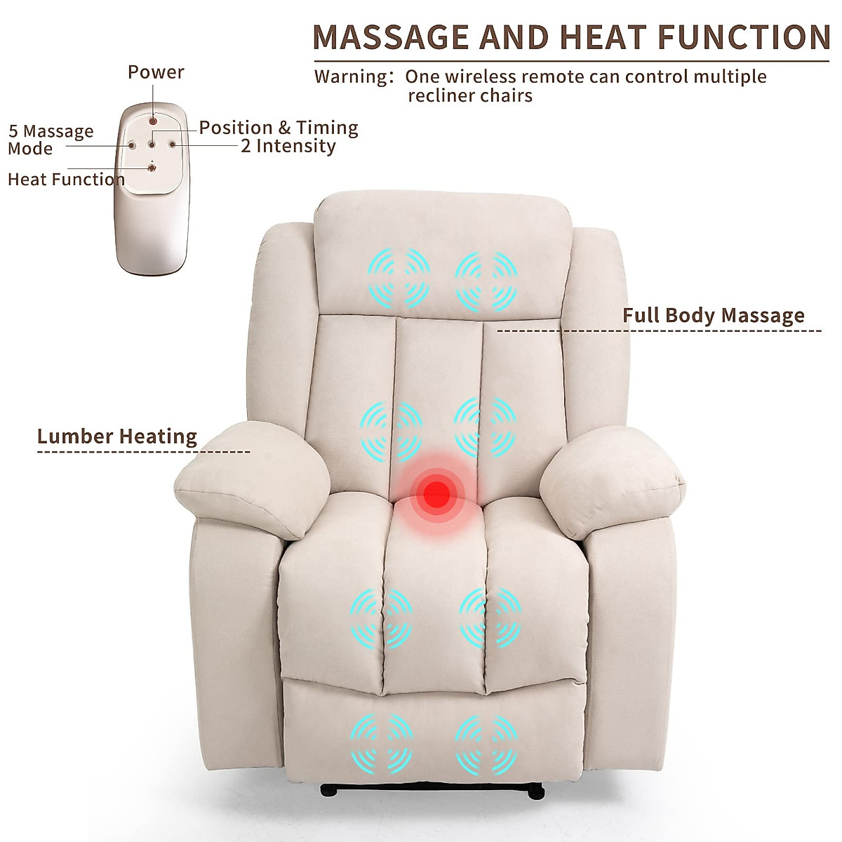 HOMHUM Massage Recliner Chair, Linen Fabric Recliner Chair modern rocker recliner chair with Heat and Vibration Function, Side Pockets Sofa Chair for Home Theater, Living Room, Beige