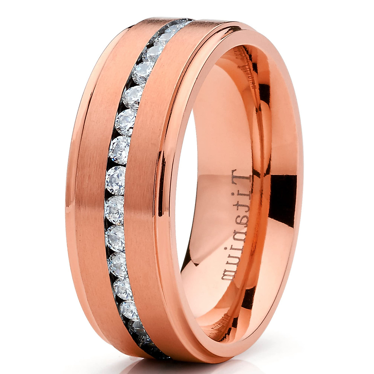 Metal Masters 7MM Men's Eternity Titanium Ring Rosegold-tone Wedding Band Cubic Zirconia CZ