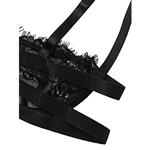 SheIn Women's 2 Piece Sexy Lace Strap Bralette Bra and Panty Lingerie Set Push Up Black Small