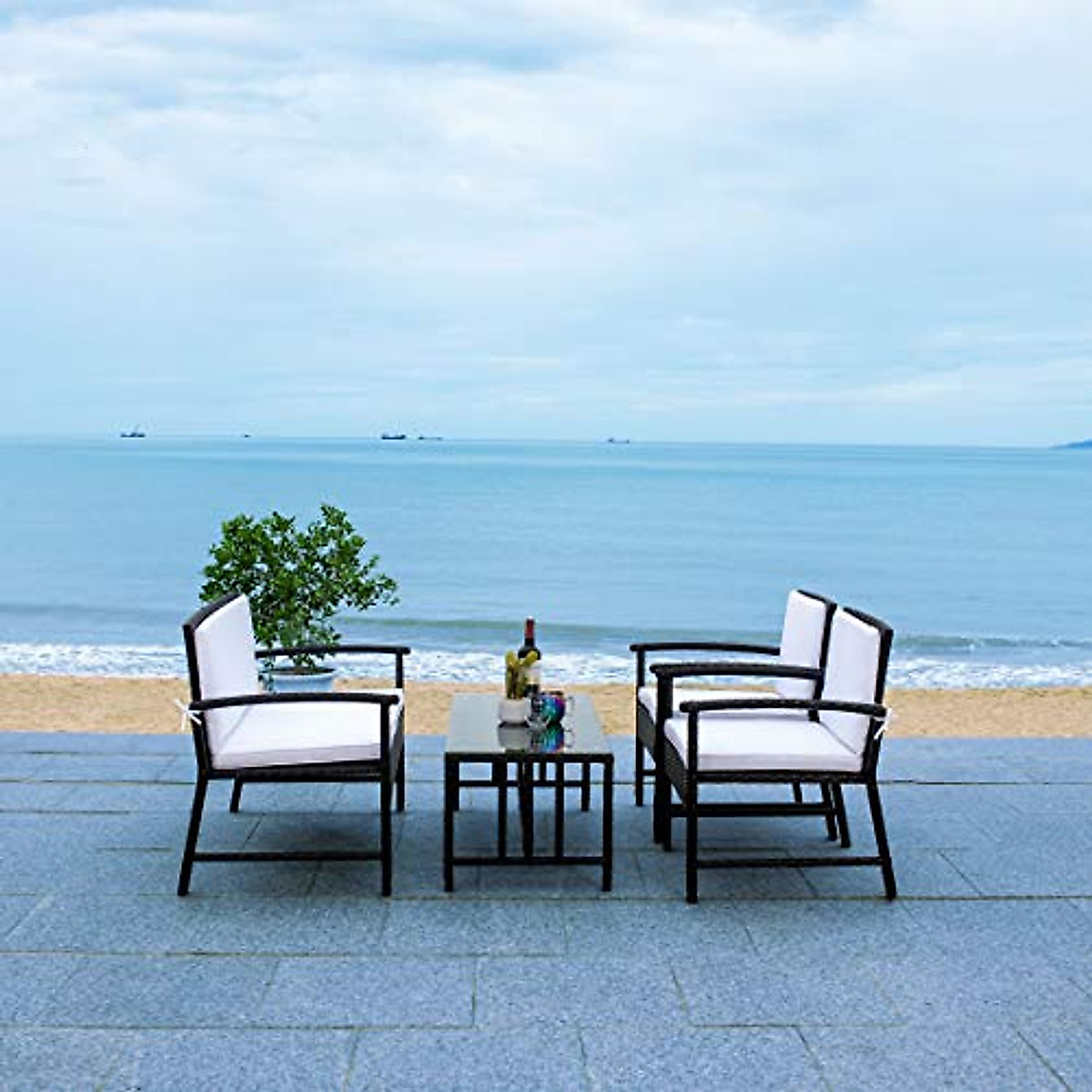 SAFAVIEH Outdoor Collection Krissy Wicker Cushion 4-Piece Living Set PAT7711A, Black/White