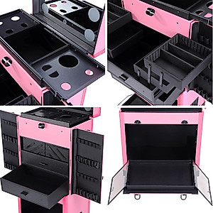 Pink Rolling Makeup Case with Mirror Light Pro Large Cosmetic Artists Hair Stylist Barber Organized Trolley Lockable