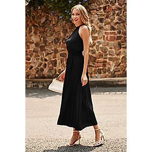 PRETTYGARDEN Women's Long Sun Dresses 2023 Sleeveless Halter Neck Flowy Pleated Maxi Cocktail Dress (Black,Large)