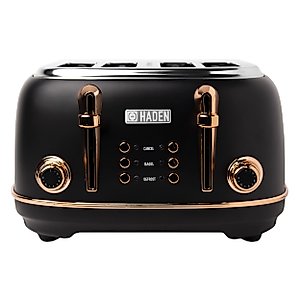 Haden Heritage 4 Slice Wide Slot Stainless Steel Toaster with Adjustable Browning Control & Non-Slip Feet, Black & Copper