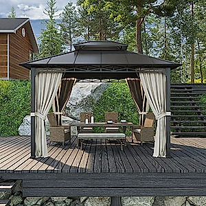 EAGLE PEAK 10x12 Outdoor Double Roof Hardtop Gazebo with Decorative Lattice Eave Steel Frame, Mosquito Mesh Netting and Light Beige Privacy Curtains, Backyard Patio Garden Gazebo Pavilion, Black