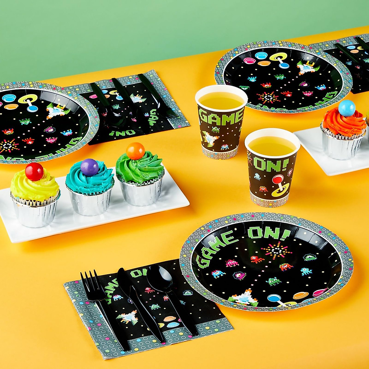 Juvale 144-Piece Retro Video Game Party Supplies - Includes Plates, Napkins, Cups, and Cutlery for Arcade Birthday Party Decorations (Serves 24)