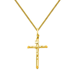 The World Jewelry Center 14k REAL Yellow Gold Crucifix Cross Pendant with 1mm Braided Square Wheat Chain Necklace - 18"