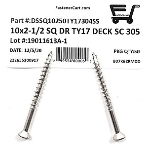 #10 x 2-1/2 Stainless Steel Wood Deck Screws Square Drive W/4 Nibs Type 17 Drill Point (10x2-1/2) (50 Pieces)