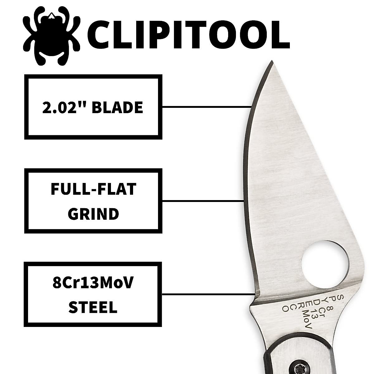 Spyderco ClipiTool Multi-Functional Stainless Steel Utility Pocket Knife with 2" Steel Blade and Screwdriver/Bottle Opener - PlainEdge - C175P