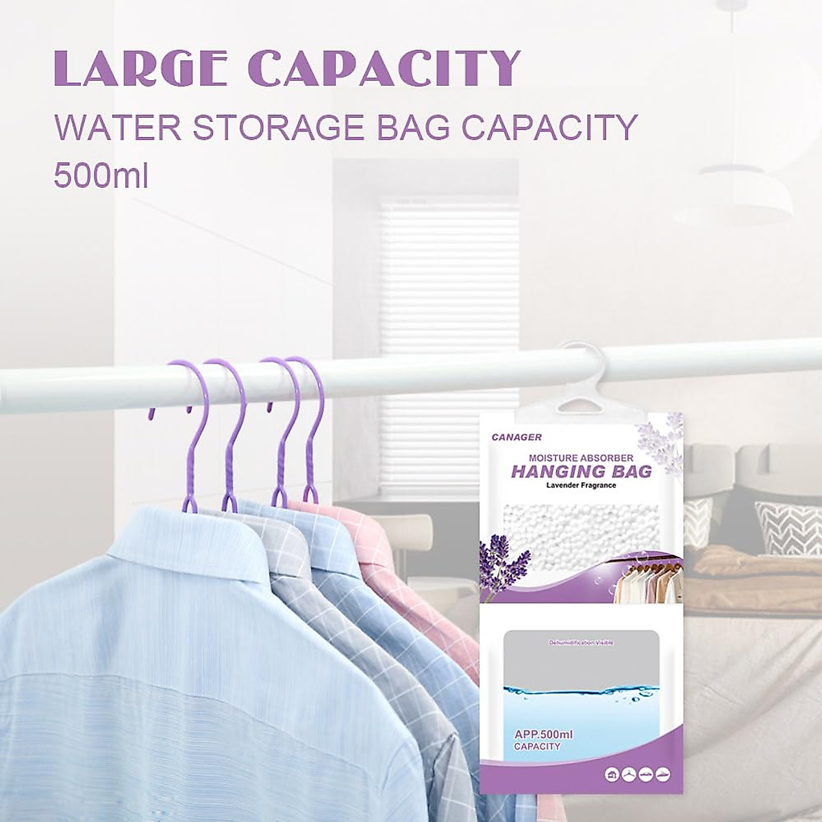 CANAGER Hanging Moisture Absorber, Lavender Vanilla Moistureproof Hanging Bag, Dehumidifier Bag (8 packs) Hanging Closet Dehumidifier Bags, Moisture Absorb 12.5 oz.