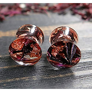 ETERNIADA Black Cornflower Ear gauges Flower Plugs Piercing Body Jewelry Tunnels Pressed Flower and Rose Gold foil Flakes Jewelry Birthday Gifts Resin Plug Earrings (22mm / 7/8" / Pair)