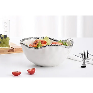 Pampa Bay Salerno Porcelain Salad Serving Bowl with Titanium-Plated Beaded Rim, Medium, White/Silver