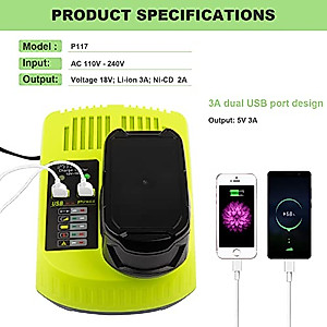 Smart P117 Quick Charger (Multi-Chemistry) for Ryobi 12V-18V ONE+ NiCd/NiMh/Lithium Tools Battery Charger fit P100 P101 P102 P103 P105 P107 P108 P122 P189 P191 P197 P200