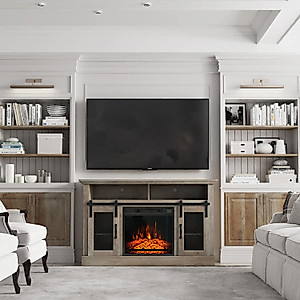 Electric Fireplace TV Stand for Living Room, Wood Entertainment Center Sliding Barn Door, Rustic Farmhouse Media Console with Open Shelves and Cabinets for TV up to 55"