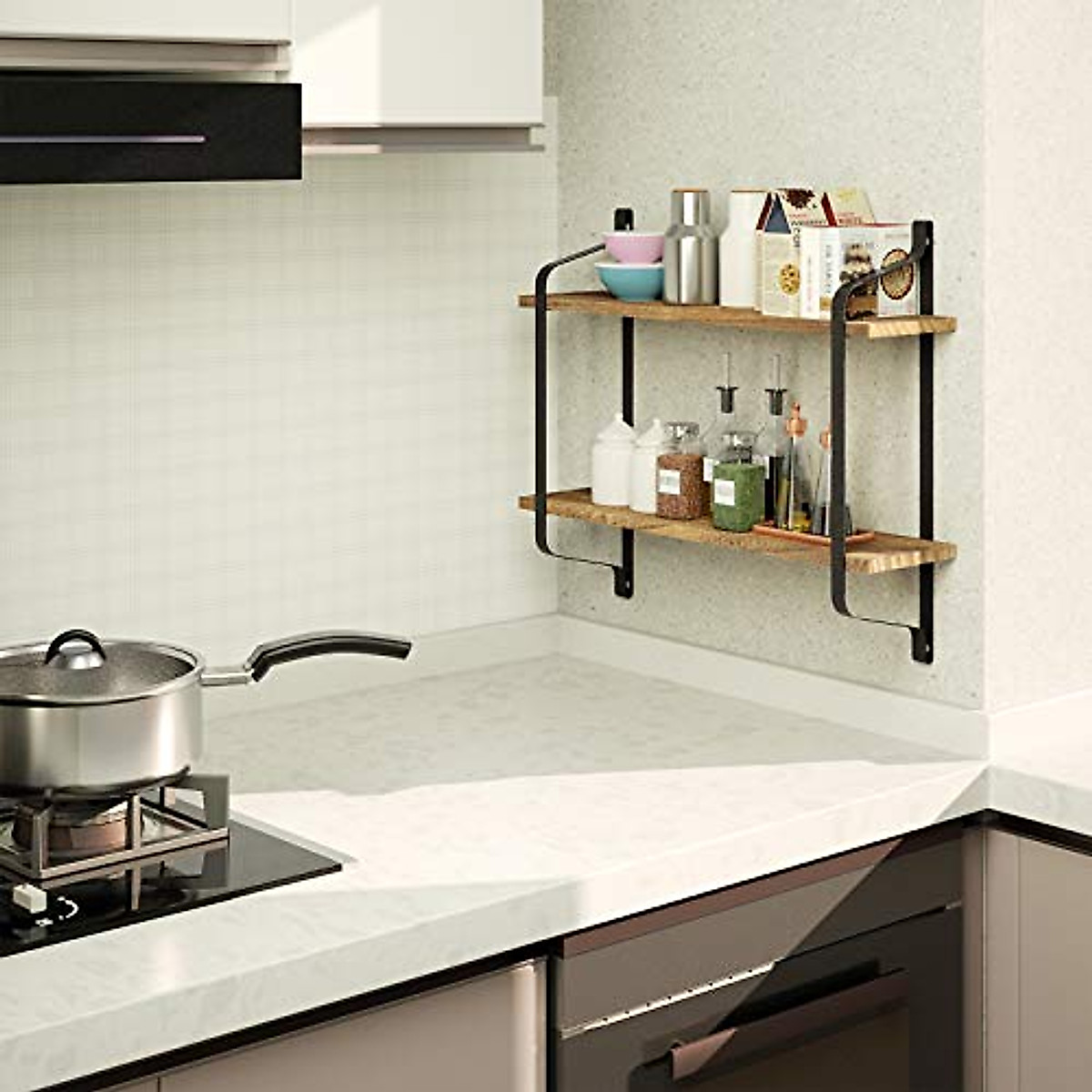 Love-KANKEI Rustic Floating Shelves Wall Mounted Industrial Wall Shelves for Pantry Living Room Bedroom Kitchen Entryway 2 Tier Wood Storage Shelf Heavy Duty Carbonized Black