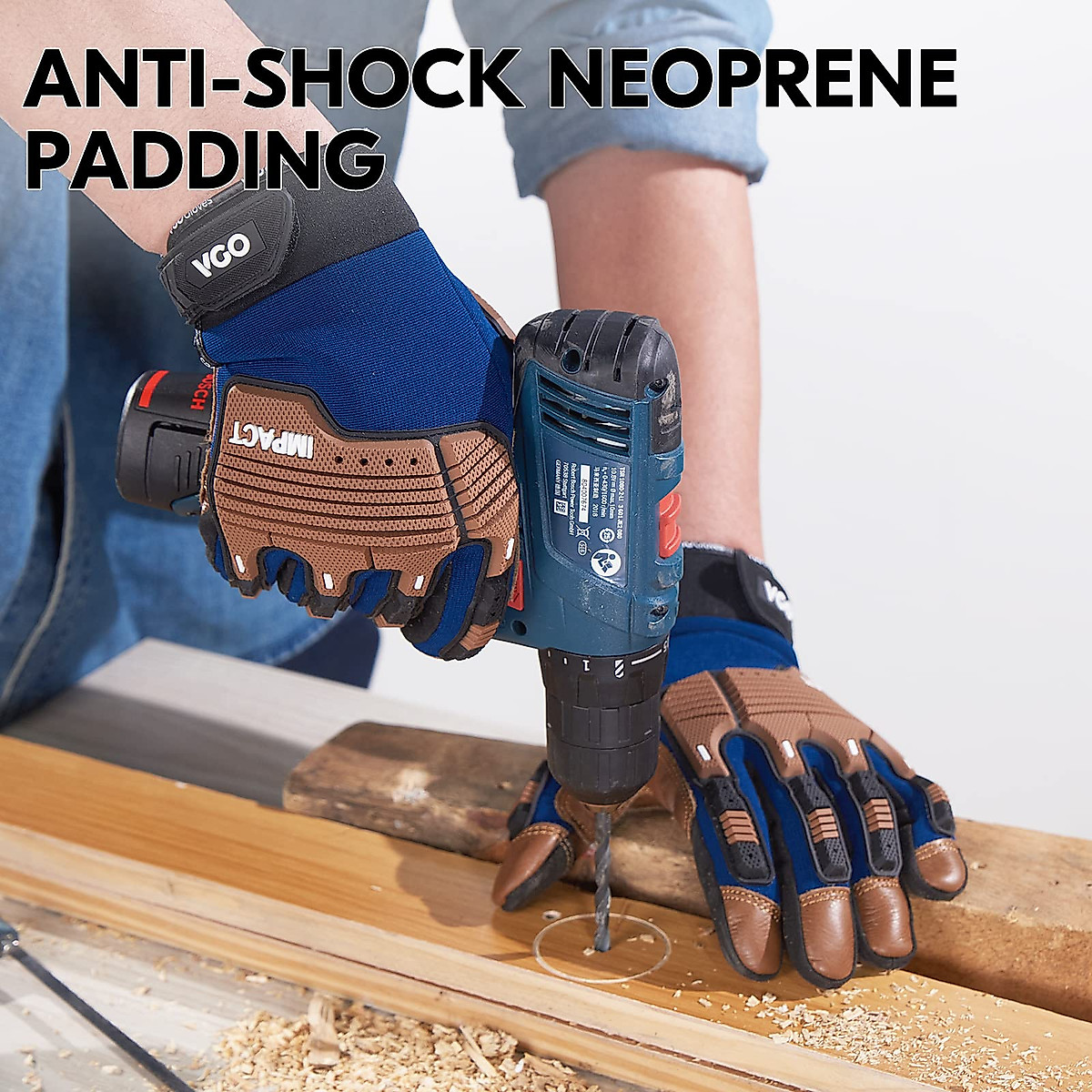 Vgo...…1Pair Leather Heavy Duty Work Gloves,Mechanics Gloves,Impact Resistant, Anti-Vibration, Water-repellent (L,Blue,CA7725)