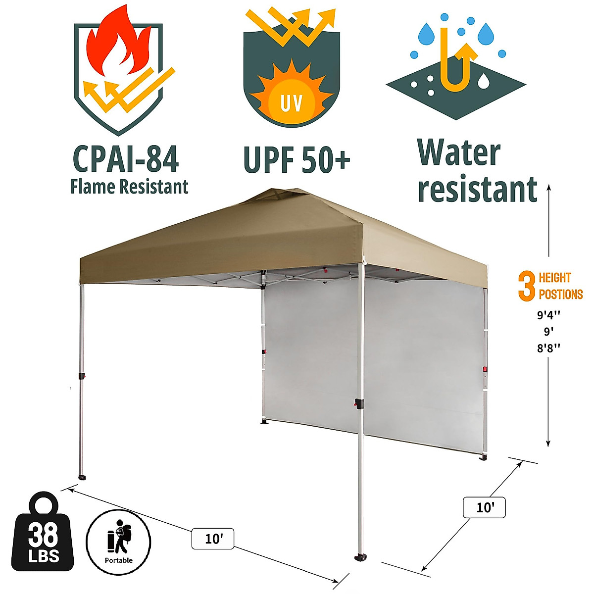 CROWN SHADES 10x10 Pop Up Canopy with 1 Side Wall - Beach Tent with One Push Setup - Outdoor Sun Shade for Events, Parties, Camping - Gazebo with STO-N-Go Cover Bag (Beige)