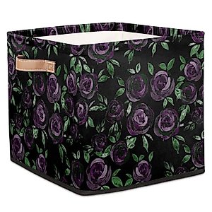 Cube Storage Bins 13 Inch Fabric Storage Basket Purple Rose Square Storage Bins Collapsible Nursery Storage Bin Organizer Basket Flower Leaf Storage Box for Shelves, Closet