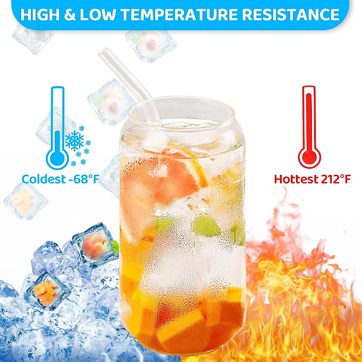 La Llareta 4 Pcs Drinking Glass with Lids and Straw, 540ml Iced Coffee Cups, Shaped Beer Glasses Cups, with 2 Straw Brushes, for Cola, Smoothies, Cocktails, Soda