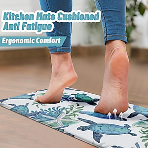 Tritard Coastal Beach Kitchen Rugs Mats Set of 2 Cushioned Anti Fatigue Kitchen Floor Mat 0.4 Inch Sea Turtles Non Slip Waterproof Kitchen Rug PVC Leather Comfort Mats for Kitchen, Blue, 17x28+17x47