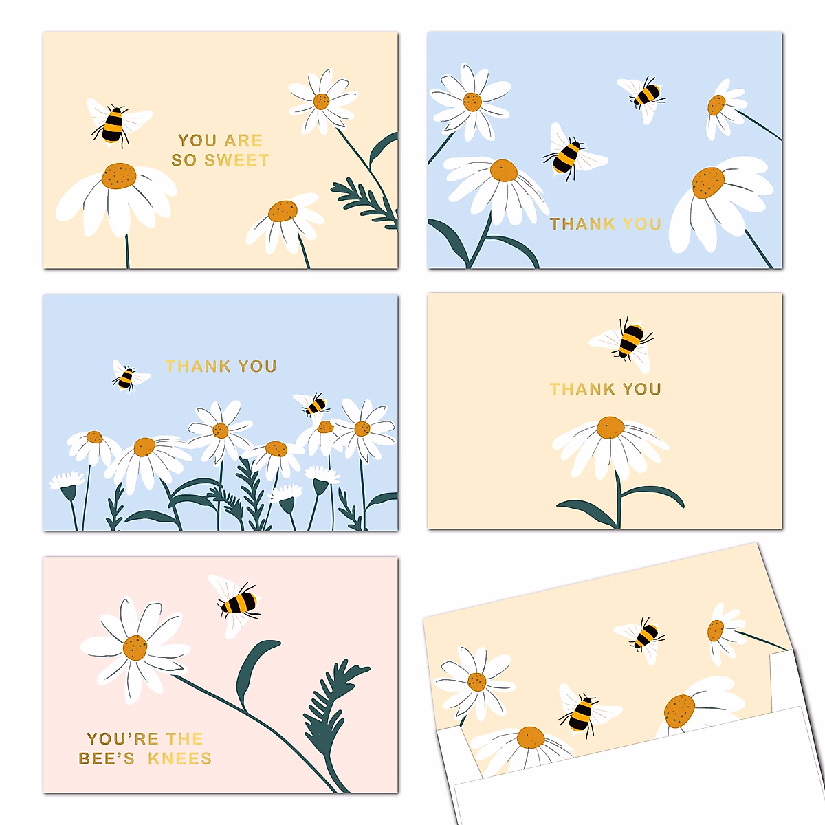 Gooji 4x6 Bee & Dasiy Gold Foil Thank You Cards (Bulk 20-Pack) Matching Peel-and-Seal Envelopes | Assorted Set, Watercolor, Birthday Party, Baby Shower, Weddings, Greeting, Blank Notes