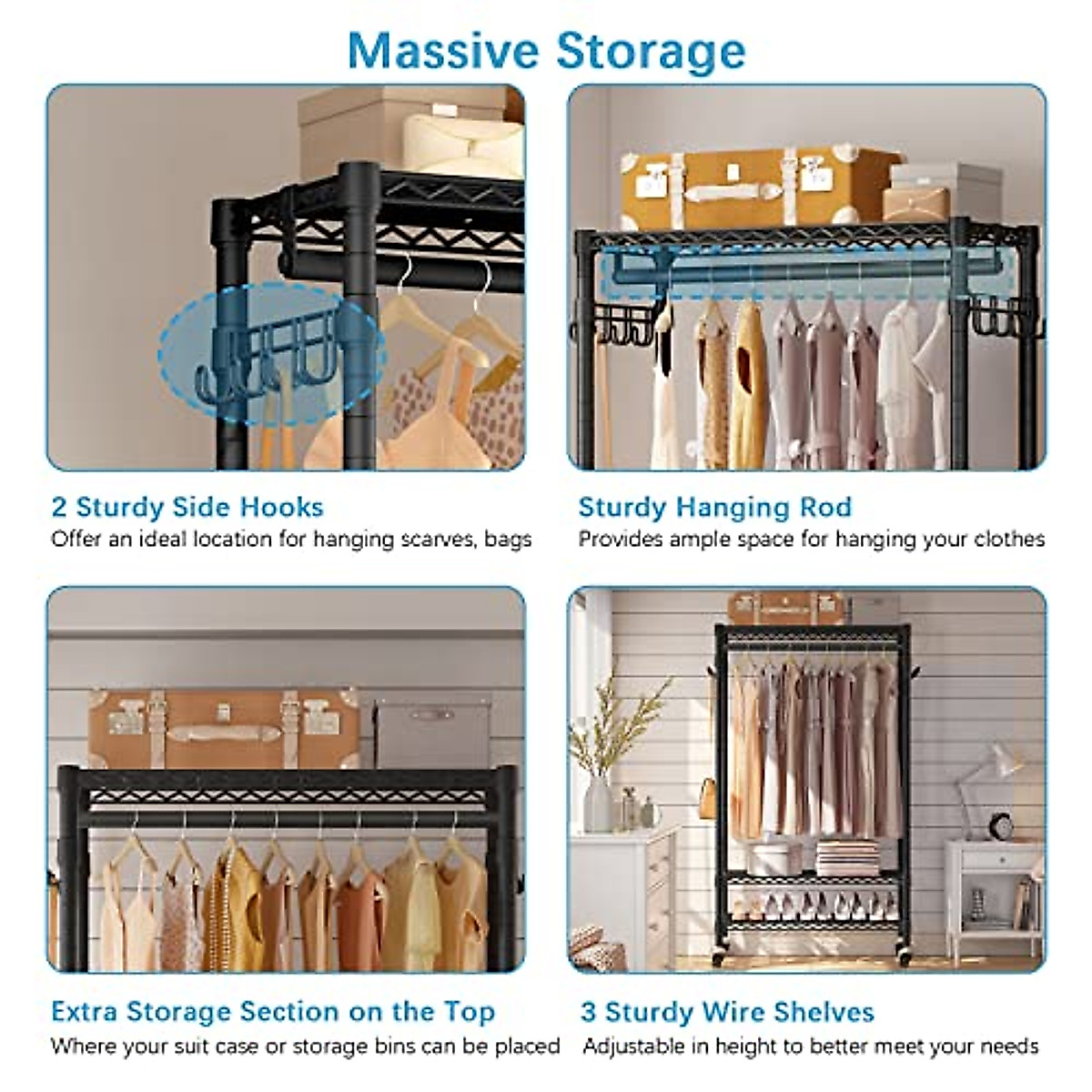 VIPEK X1 Plus Rolling Garment Rack Heavy Duty Clothes Rack for Hanging Clothes, Portable Closet Wardrobe with Wheels and Side Hooks, Adjustable Freestanding Metal Clothing Rack with Shelves, Black