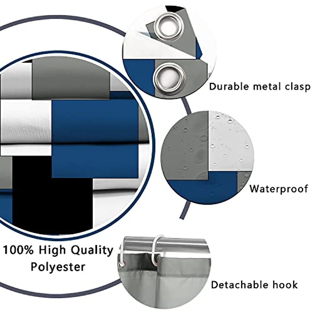 ENYORSEL Blue Bathroom Sets with Shower Curtain and Rugs, 4 Piece Geometric Bathroom Shower Curtain Set with Rugs, Incl Shower Curtain with 12 Hooks, Bath Mat, U-Shaped Floor Mat, Toilet Lid Oval Rug